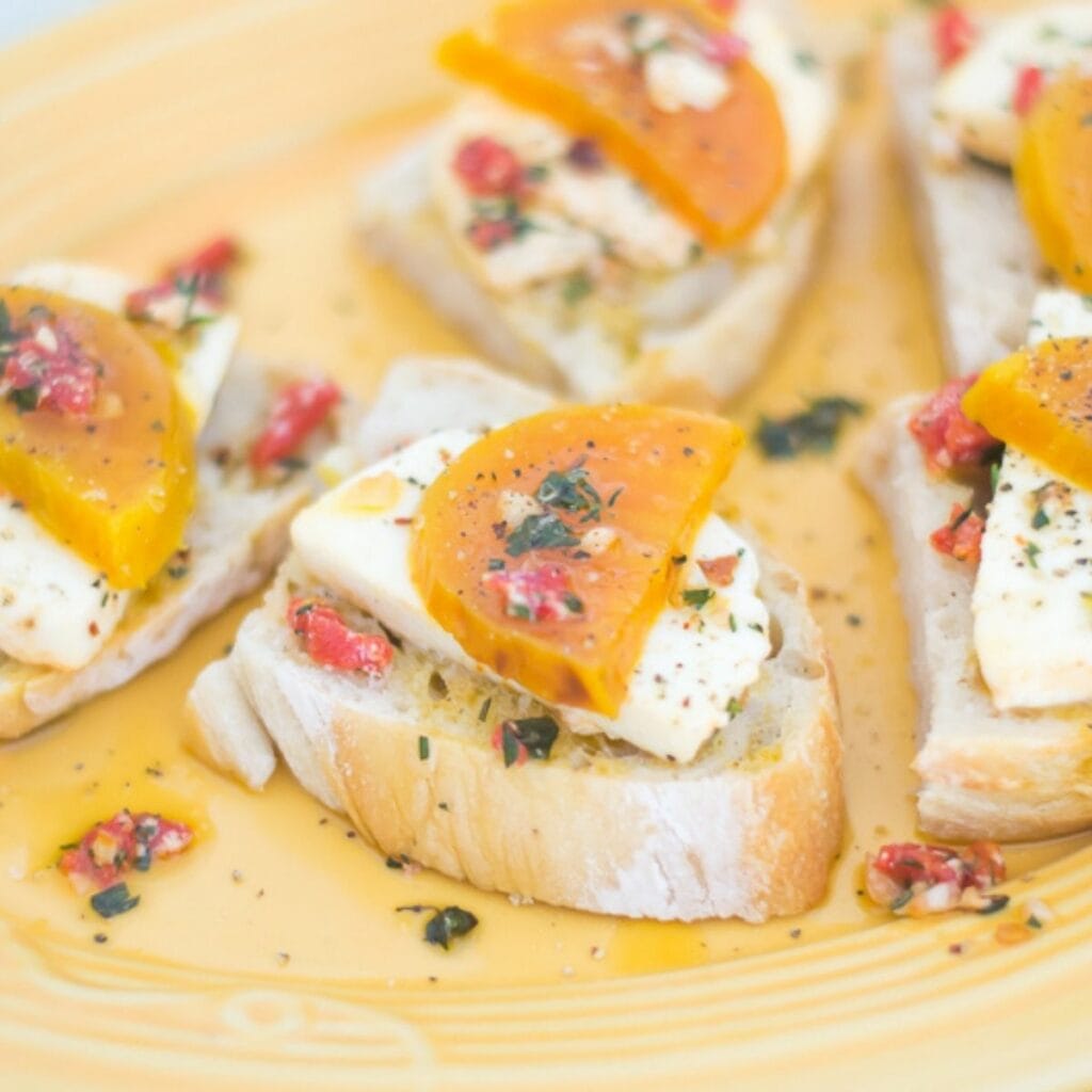 Roasted Golden Beet Marinated Mozzarella Herb Crostini - Flour On My Face